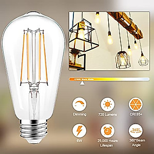 PARTPHONER LED Light Bulbs Dimmable Vintage Edison Bulb, E26 LED Bulb 60W Equivalent 720 Lumens, Warm White 2700K, ST58 Antique LED Filament Bulb CRI 85+, Clear Glass, Pack of 4