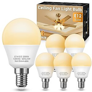 JandCase Ceiling Fan Light Bulbs, 6W E12 LED Bulbs 60Watt Equivalent, G14 LED Bulbs for Ceiling Fan, Chandelier, Table Lamp, Soft White 3000K, Non-dimmable, 6 Pack
