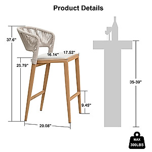 PURPLE LEAF Counter Height Bar Stool Set of 2 Outdoor Stool Chair with Backrest and Cushion Patio Bar Height Stools Wicker Barstools for Kitchen Light Brown Counter Stool