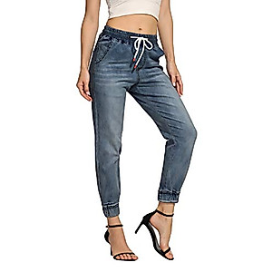 V VOCNI Women's Joggers Denim Sport Fit Drawstring Waist Side Pockets Casual Jeans Dark Blue X-Large