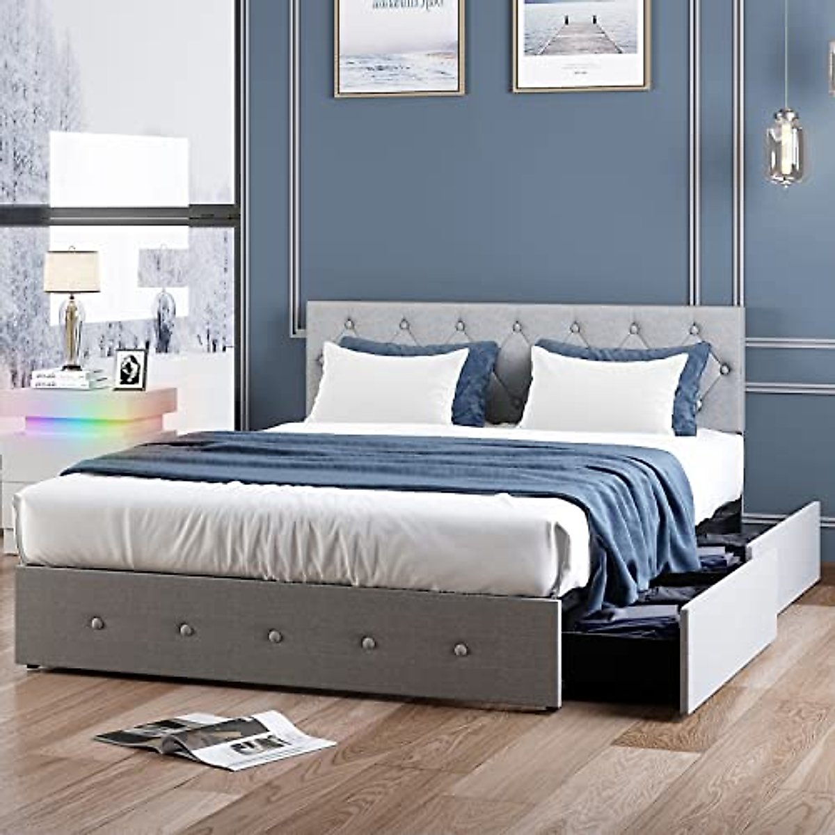 Mjkone Full Size Bed Frame, Upholstered Platform Bed Frame with 4 Built-in Storage Drawers & Adjustable Headboard, Button Tufted Design, No Box Spring Needed- Light Grey