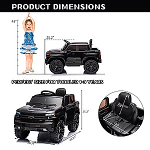 Bopilon 12V Electric Car for Kids,Licensed Chevy Silverado Truck Kids Ride On Car with Remote Control Battery Powered Electric Vehicle Toy Car, 4-Wheeler Suspension, Music& Lights, 3 Speeds(Black)