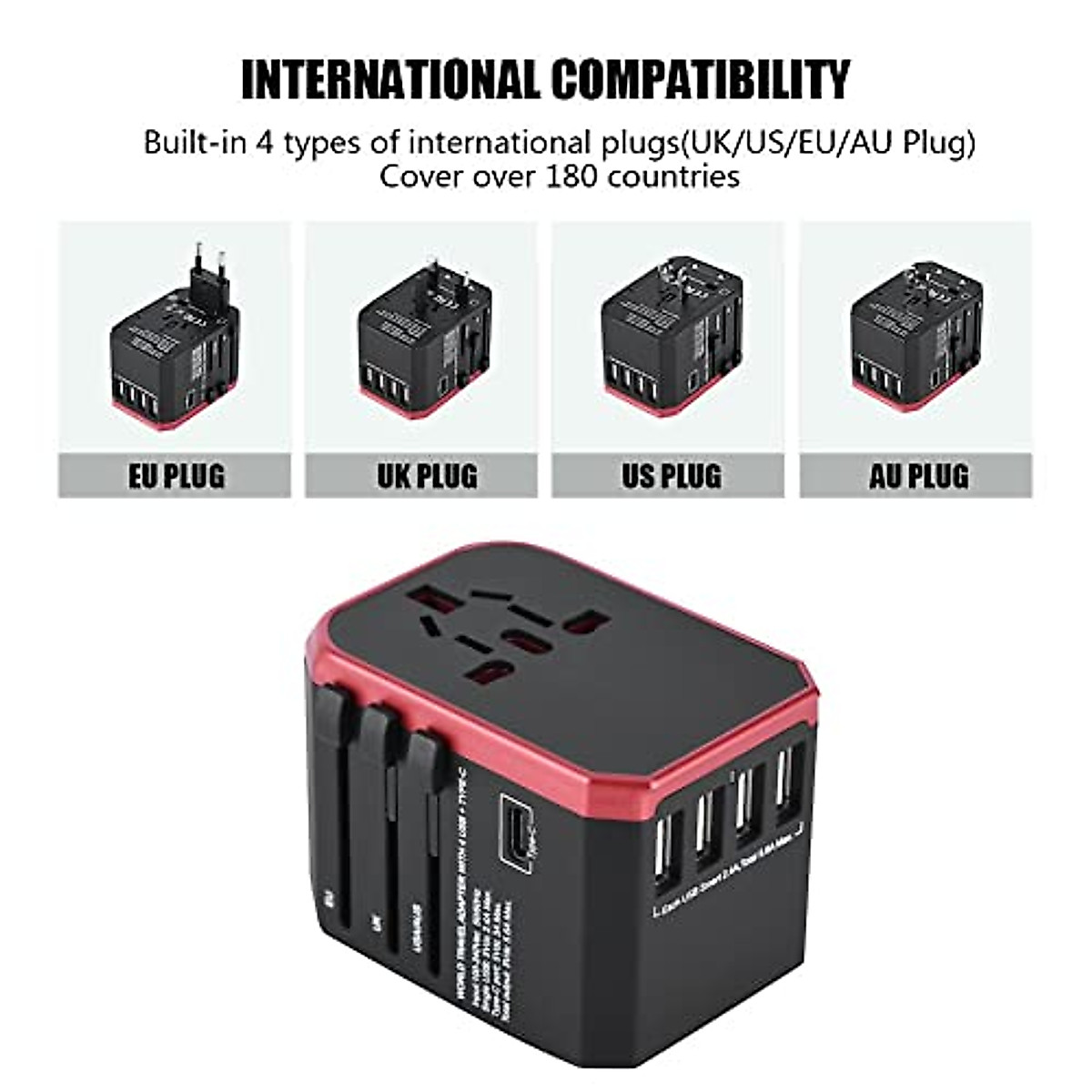 International Universal Travel Adapter, All-in-One Global AC Charger Socket. The 5.6A 4 USB and Type c Multi-Function Conversion Plug is Suitable for Many Countries Around The World. (Red)