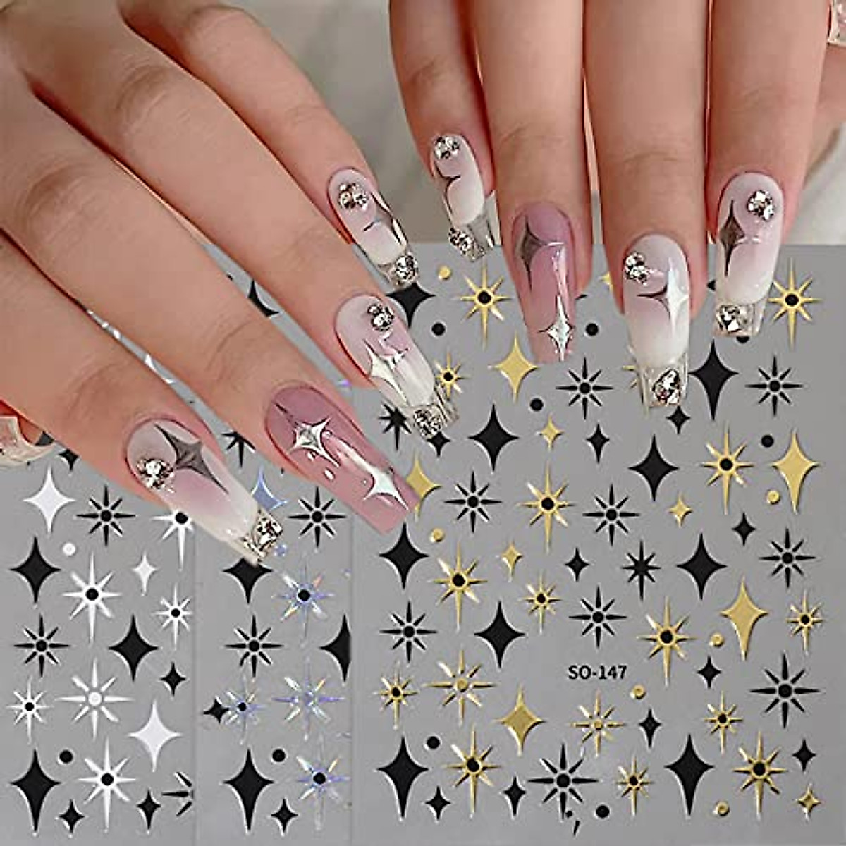 6 Sheets Sun Star Nail Art Stickers Bronzing Moon Nail Decals 3D Self-Adhesive Heart Nail Stickers Rose Gold Sliver Starlight Moon Star Nail Designs Sticker for Women DIY Acrylic Nail Art Supplies