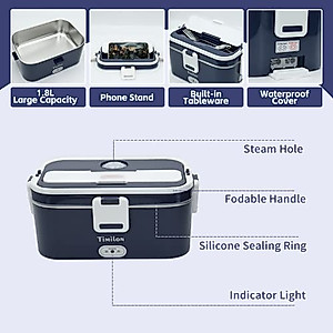 Timilon Electric Lunch Box Food Heater 60W Food Warmer Portable Self Heating Lunch Box for Car/Truck/Home with 1.8L Removable Stainless Steel Container Fork & Spoon (White+Dark Blue)