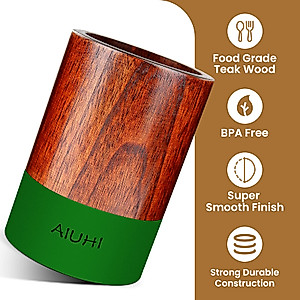 AIUHI Wood Cooking Utensil Holder for Countertop,Teak Crock Organizer Caddy, Wooden Holder for Kitchen Utensils,for Spoons Spatula Straw Cutlery Accessories Utensils Storage (Green)