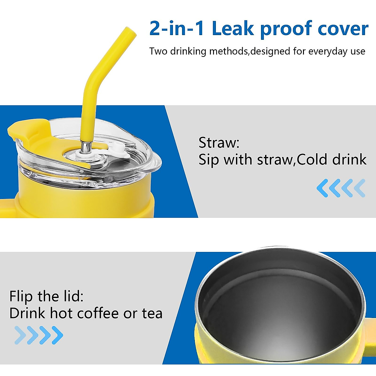 Beatcreat 40 oz Tumbler with Handle and Straw Lid,Insulated Double Wall Stainless Steel Travel Coffee Mug,Cup Holder Friendly(Yellow and white)