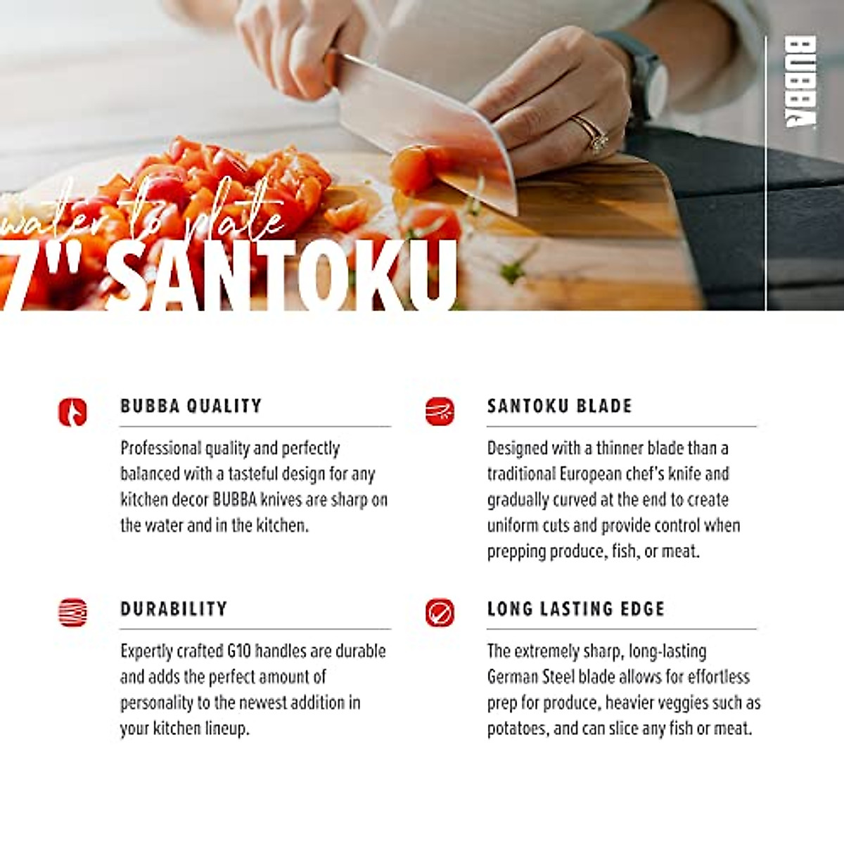 BUBBA Kitchen Series 7" Santoku Knife, an all-purpose kitchen knife for produce, veggies, fish or meat with a premium German Steel Blade for all your kitchen needs
