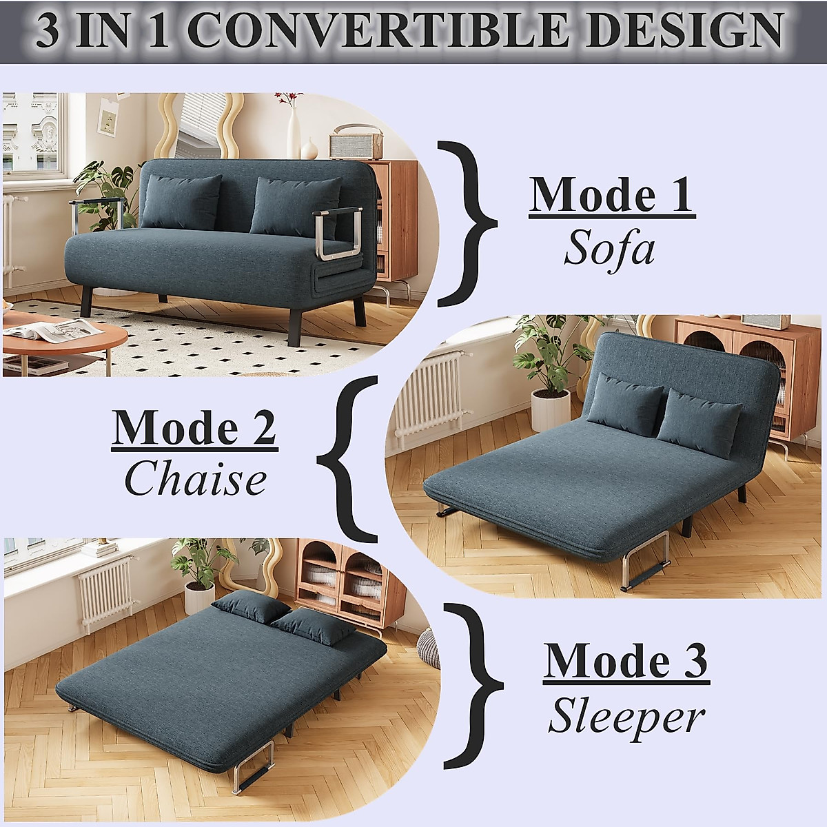 Gagawin Foldable Sleeper Sofa Bed, 3 in 1 Convertible Sofa Bed with 6-Position Adjustable Backrest, Multi-Functional Velvet Tri-Fold Sofa Bed Couch for Home Office, Twin Size, Gray