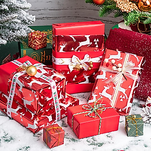 WRAPAHOLIC Reversible Christmas Wrapping Paper - Mini Roll - 17 Inch X 33 Feet - Red Reindeer and Solid Red Design with Metallic Foil Shine for Chrsitmas, Holiday, Party Celebration