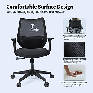 Desk Chair, Ergonomic Office Chair with Movable Cushion Lumbar Support, Mesh Chair with Fixed Armrest and PU Wheels Tilting & Height Adjustment Desk Chair, Black