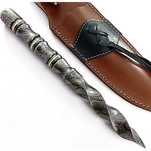 Handmade Damascus Tri edge Dagger fixed blade knife hunting knife with Leather sheath BWT-6001, Black and Grey