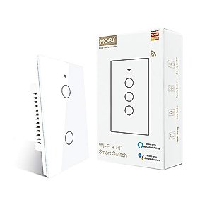 MOES 2.4GHz WiFi Wall Touch Smart Switch Neutral Wire Required, 3 Way Multi-Control, Glass Panel Light Switch Work with Smart Life/Tuya App, RF433 Remote Control, Alexa and Google Home White 2 Gang