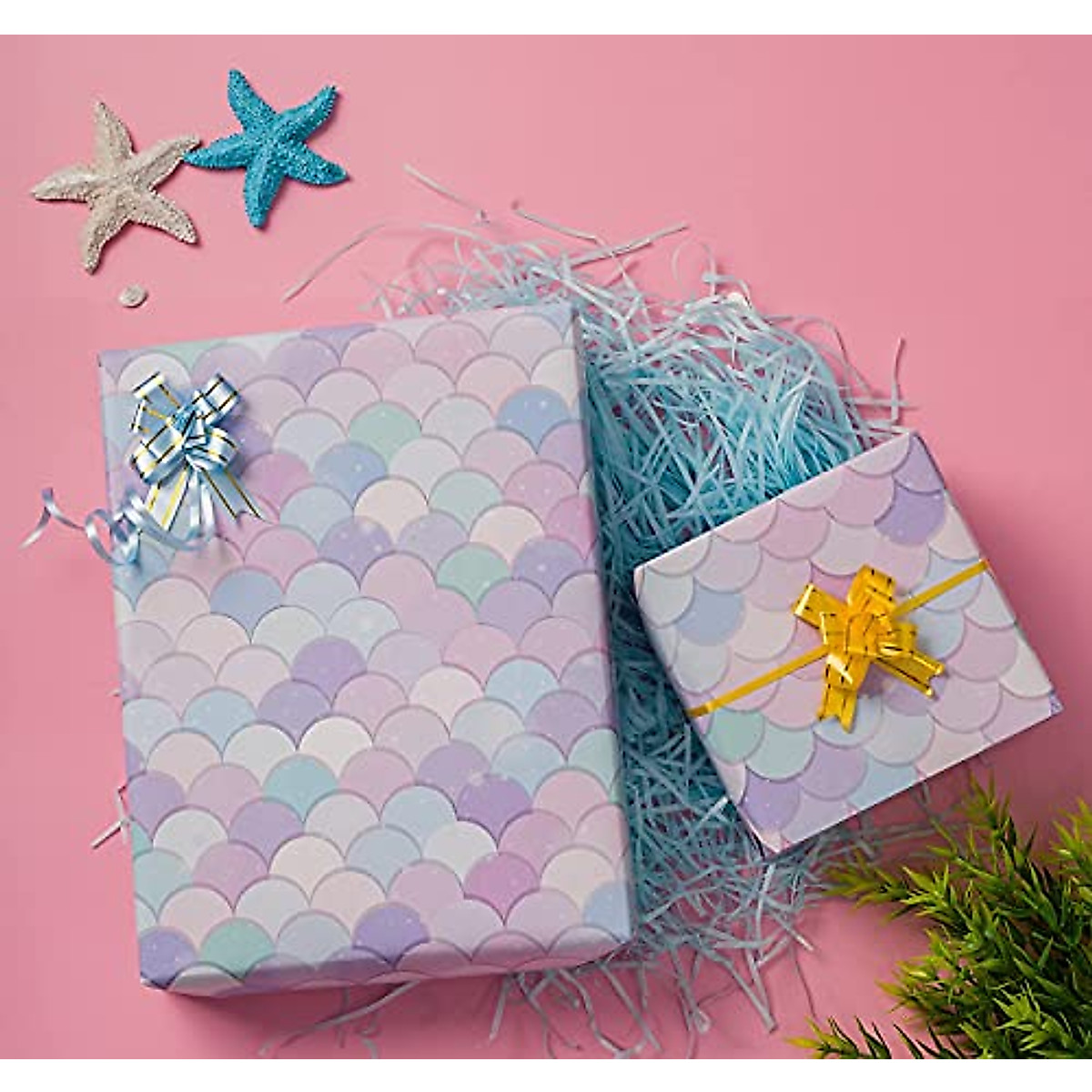 Birthday Wrapping Paper for Girls Women Kids Baby Shower Shining Mermaid Scale Scallop Pink Galaxy 4 Style Gift Wrap Paper for Graduation Wedding Anniversary 12 Folded Sheets 20.5 * 28.7 inch