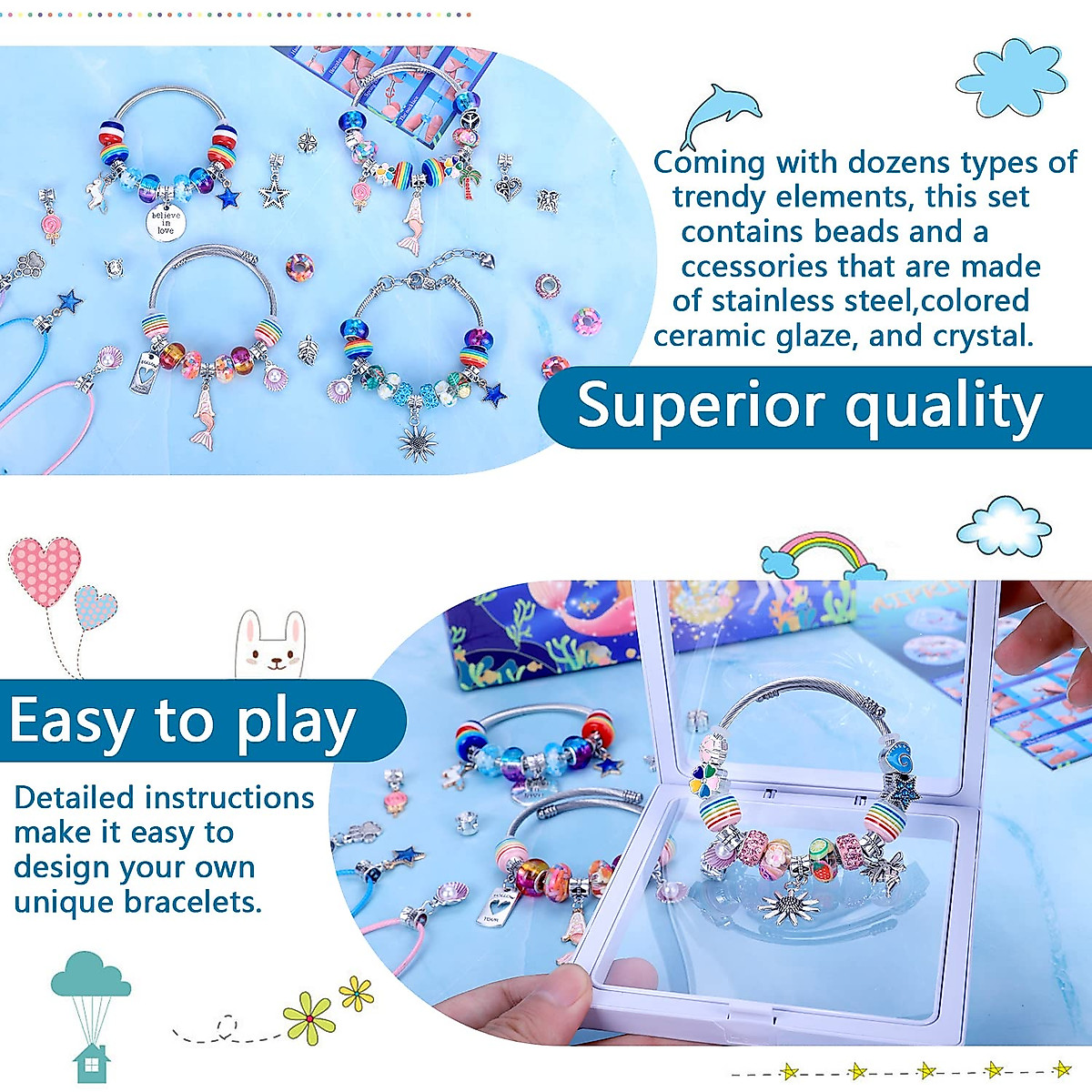 AIPRIDY Charm Bracelet Making Kit,Unicorn Mermaid Crafts Gifts Set Can Inspires Imagination and Creativity,Jewelry Making Kit Perfect Gifts for Girls 5-12 Years Old(72 Pieces Mermaid Aqua)