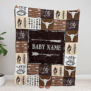Baby Western Blankets, Cowboy, Personalized Baby Blankets for Boys, Brown Western Blanket for Baby Boy, Custom Name Fleece Blankets for Infant Newborn Son Daughter