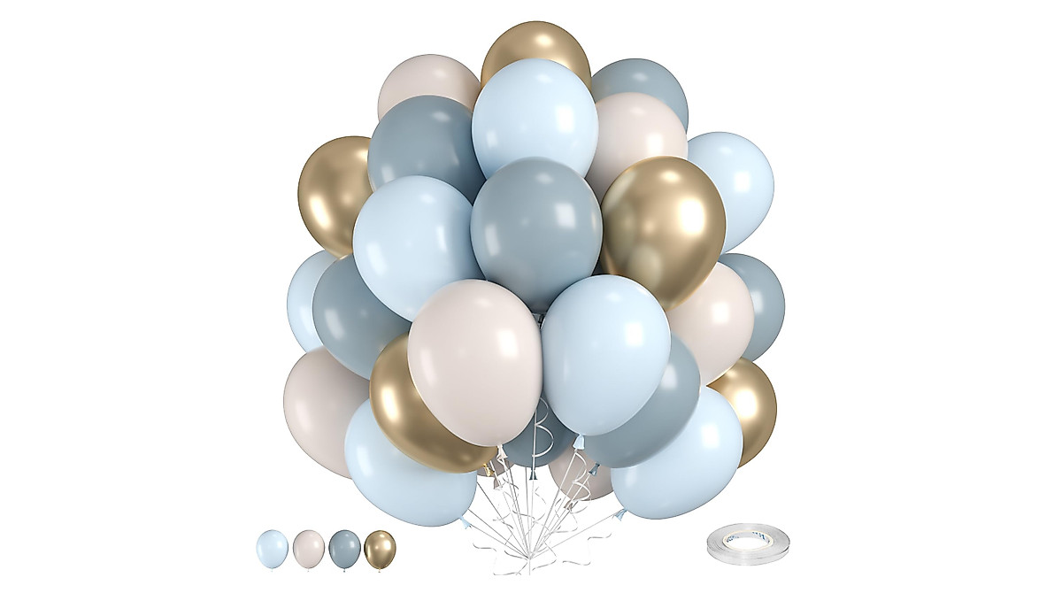 Dusty Baby Blue Gold Balloons for Baby Shower & Wedding Decor