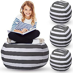 4 Pieces Bean Bag Chair Cover Stuffed Animal Storage 23.62 x 23.62 x 23.62 Inch Stuffable Zipper Beanbag Canvas Stuffed Animal Organizer for Organizing Kid's Plush Toys Adult's Room, White and Gray