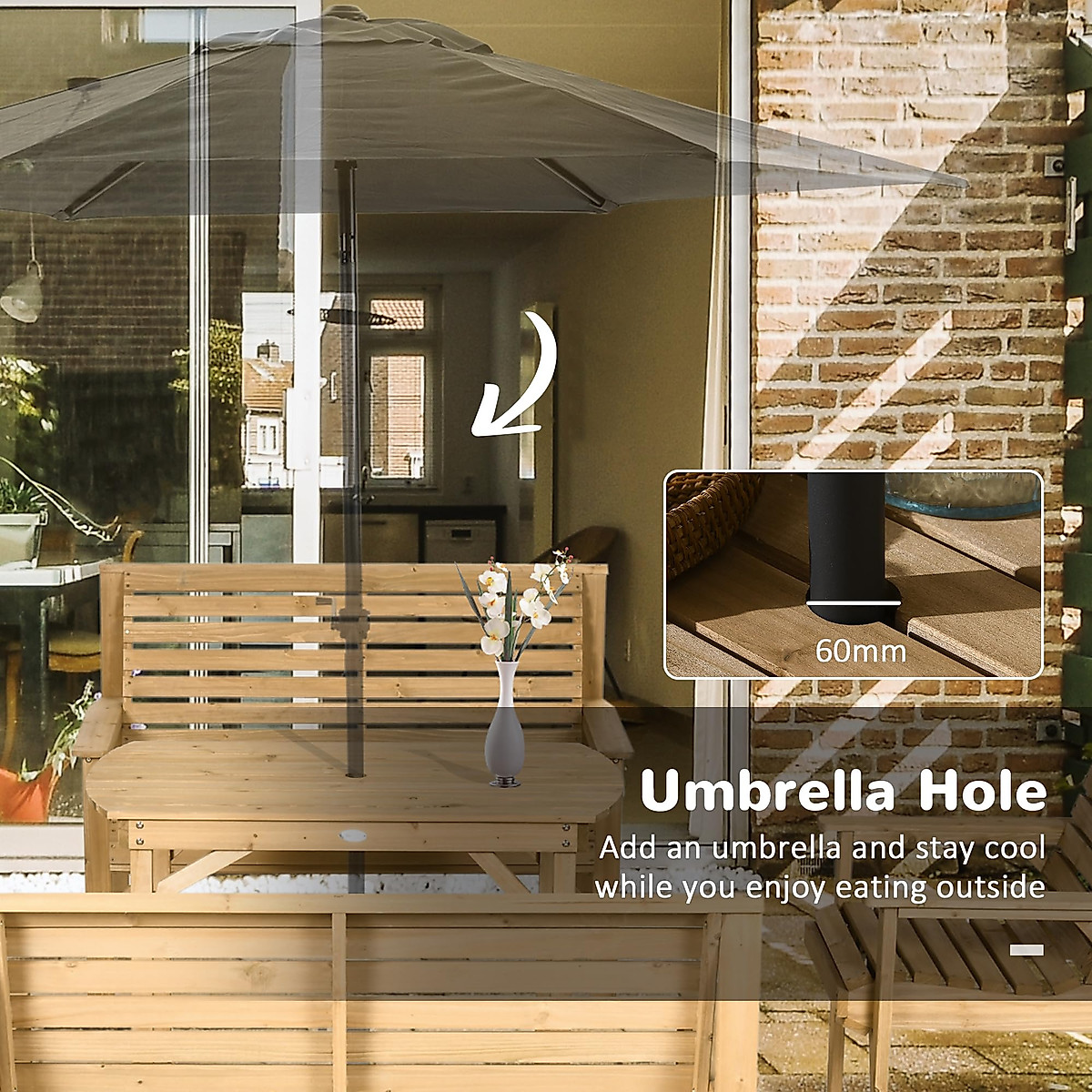 Outsunny 5 Piece Wooden Patio Dining Set for 6, Outdoor Conversation Set with 2 Armchairs, 2 Loveseats, and Dining Table with Umbrella Hole for Backyard, Garden, Light Brown