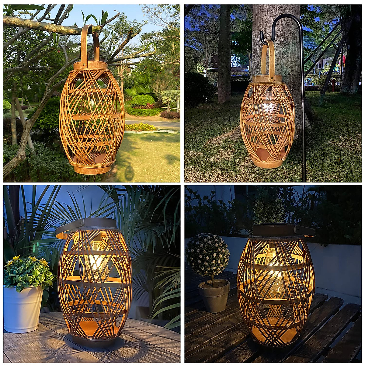 pearlstar Solar Lanterns Outdoor Waterproof - Rattan Natural Lantern with Handle for Hanging or Table Lanterns Edison Bulb, Auto On/Off for Patio Yard Garden Wedding Home Decoration(1 Pack Bronze)