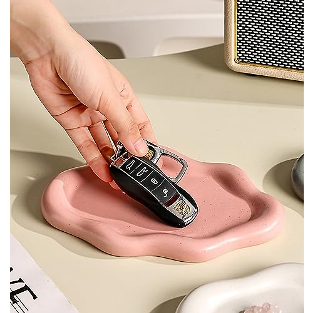 Ceramic Jewelry Dish for Women, Jewelry Tray Trinket Dish Vanity Tray, Cloud Jewelry Plate, Watch Keys Tray Ring Dish Holder for Mother's Day/Christmas/Thanksgiving/BirthdayGift, Spotted Pink