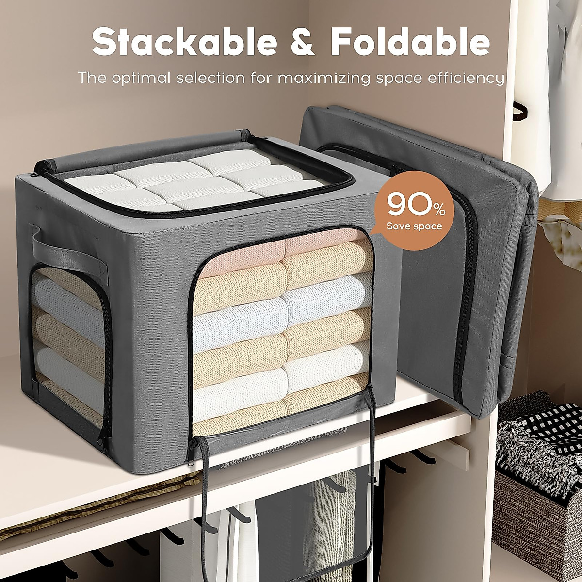 3-Pack Clothes Storage Bins with Metal Frame, Foldable 40L Linen Storage Boxes with Lids, Clear Windows, Zippers & Durable Handles - Grey