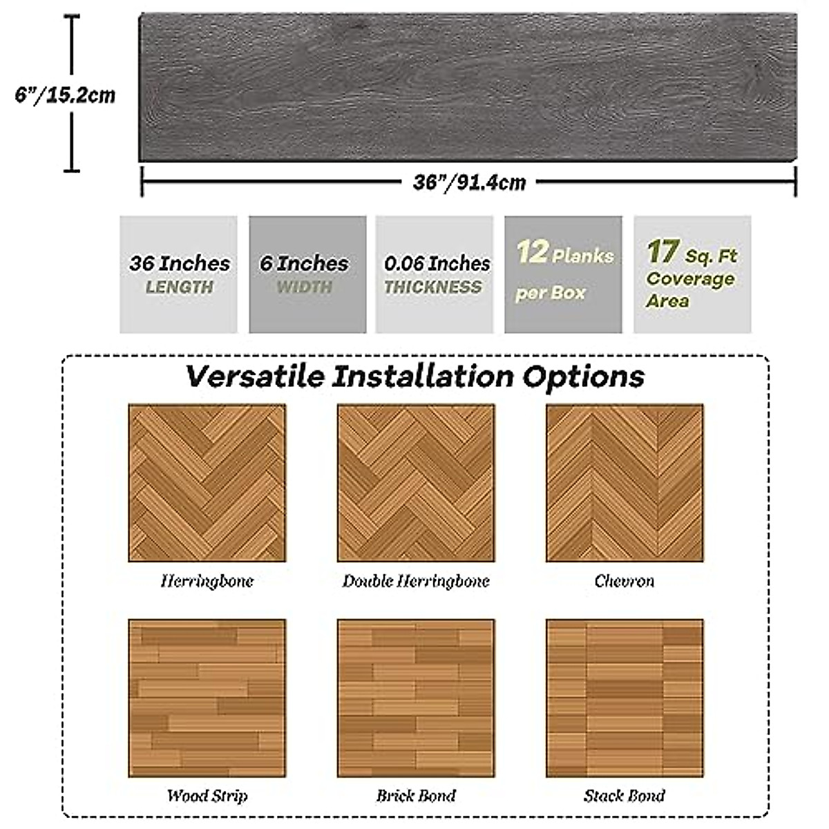 Oxdigi Peel and Stick Floor Tile 36" x 6"x 12 Packs/ 18 Sq.Ft, Thicken Wood Plank Flooring Self-Adhesive Waterproof for Kitchen Living Room RV, Easy DIY Floor Stickers, Smoky Grey