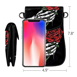 Small Crossbody Bags Skull Hand Holding a Red Rose Leather Cell Phone Purse Wallet for Women Teen Girl
