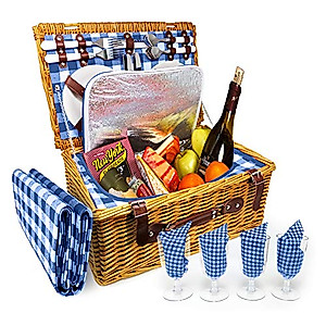 Nature Gear Upgraded 4 Person XL Picnic Basket (4 Person + Blanket, Blue & White)