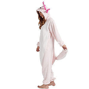 DELEY Unisex Axolotl Onesie, Adult Animal Cosplay Costume Plush Homewear Sleepwear Jumpsuit Pink Axolotl Pajamas
