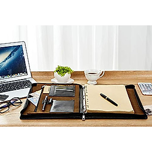 AZXCG Handmade Genuine Leather 3 Ring Binder Portfolio Folder with Zipper for 13.3” Tablet/Laptop,Professional Leather Binder with Letter Size Notepad (Non-Custom, Black-Oil)