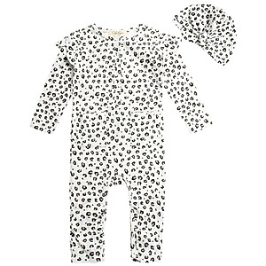 Jessica Simpson Baby Girls' Romper - Overall Jumpsuit with Hat or Headband - Long Sleeve Bodysuit for Newborns/Infants, 0-24M, Size 3-6 Months, Leopard