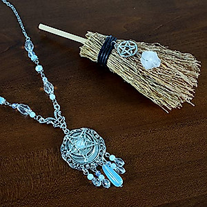 Soulnioi Crystal Witch Mini Broom Straw Broom With Crystal Pendant Decoration and Opal White Magic Necklace