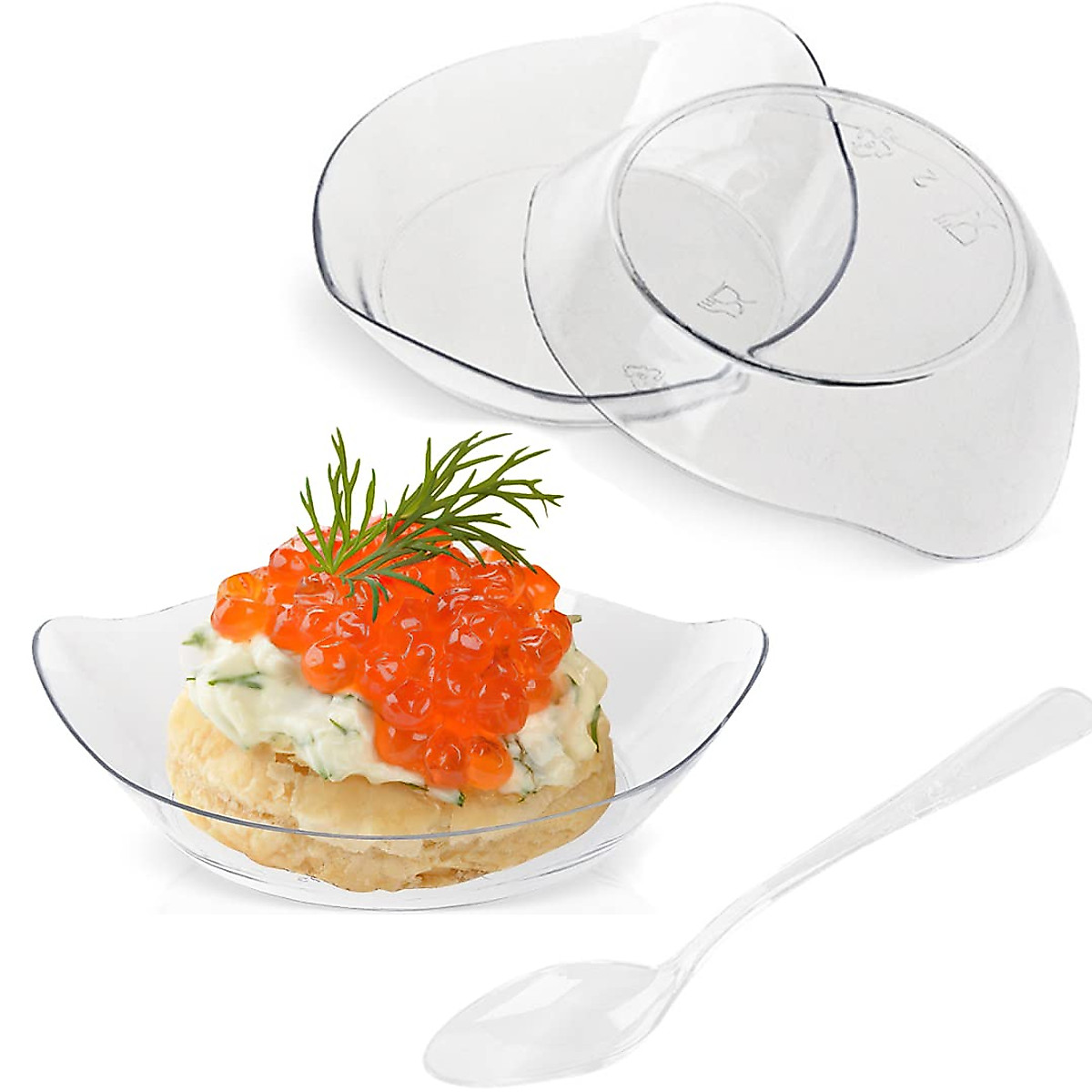 TOFLEN 100ct Mini Dessert Plates with Tasting Spoons, 3-1/8 x 2-5/8 Inches Small Reusable Clear Plastic Party Serving Hors D'oeuvres Plates for Appetizers (Leaf Shape)