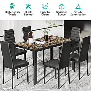 Gizoon Glass Dining Table Sets for 6, 7 Piece Kitchen Table and Chairs Set for 6 Person, PU Leather Modern Dining Room Sets for Home, Kitchen, Living Room Marble