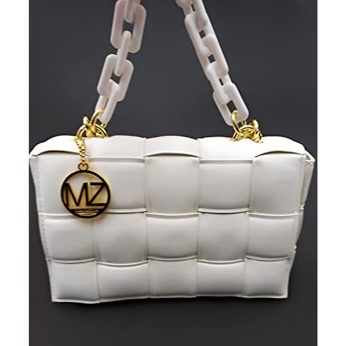 MariaKinz VEGAN Leather Woven Crossbody/Shoulder Handbag Purse for Women, With Matching Acrylic Tote Handle (White)