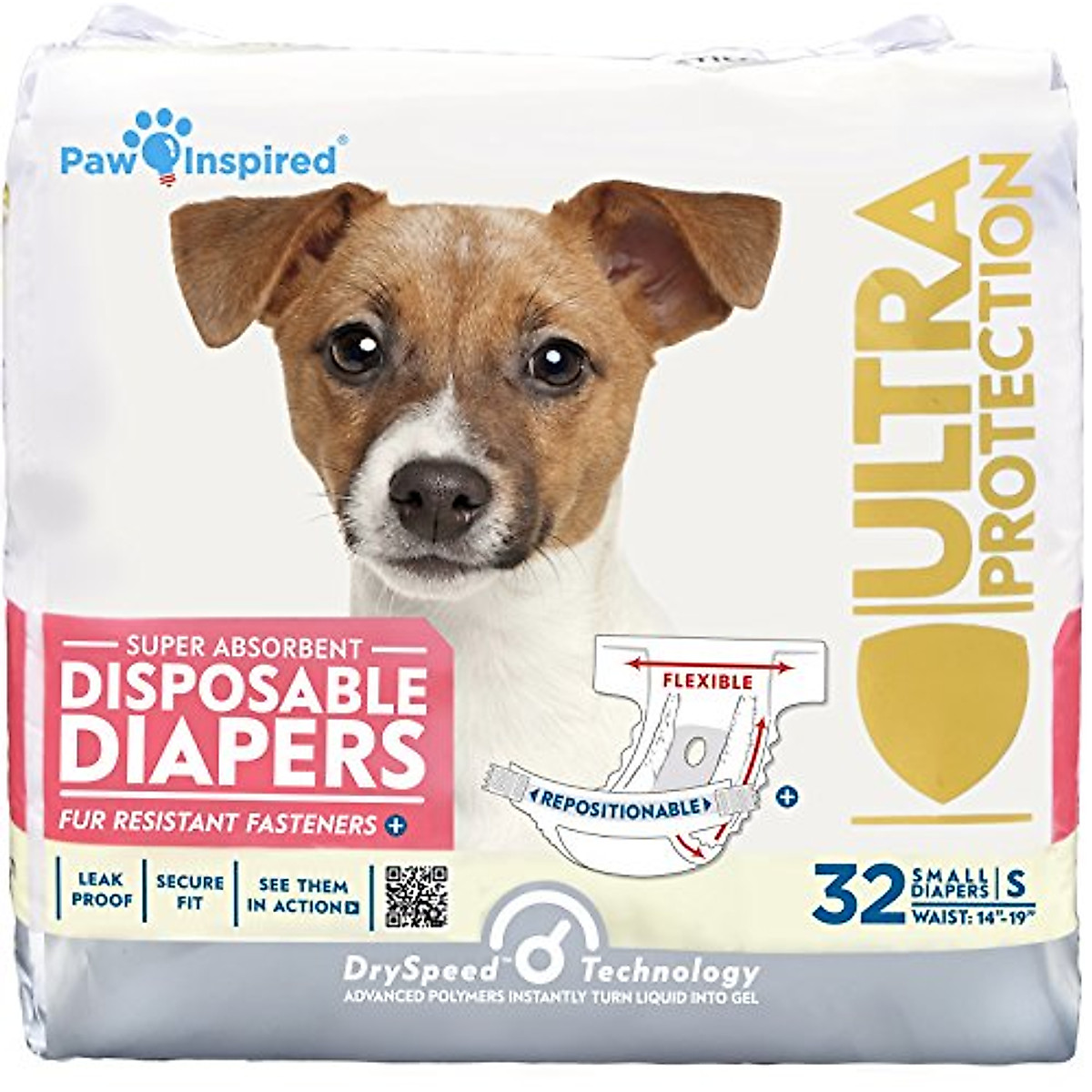 Paw Inspired 32ct Disposable Dog Diapers | Female Dog Diapers Ultra Protection | Diapers for Dogs in Heat, Excitable Urination, or Incontinence (Small)