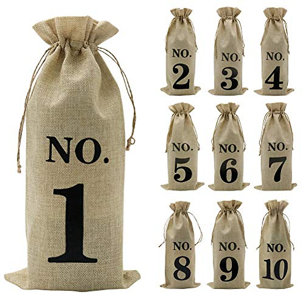 Shintop 10pcs Jute Wine Bags, 14 x 6 1/4 inches Hessian Numbered Wine Bottle Gift Bags with Drawstring for Blind Wine Tasting (Brown)