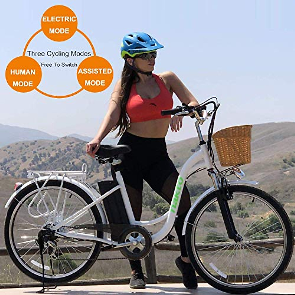 NAKTO Electric Bicycle Cargo Electric Bike for Adult 26" Sporting Shimano 6 Speed Gear Step Thru EBike 25MPH 25-30Miles Removable Waterproof Large Capacity 36V10A Lithium Battery & Pedal Assist