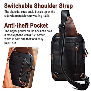 CENUNCO Genuine Leather Sling Bag Leather Crossbody Sling Backpack Concealed Carry Chest Bag Black Casual Hiking Motorcycle Bags Anti-Theft Travel Purse Fanny Pack