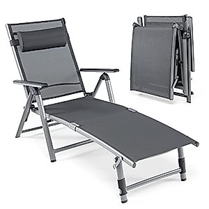 HAPPYGRILL Patio Lounge Chair Aluminum Chaise Lounge Chair with 8-Position Adjustable Backrest, 2-postion Footrest, Comfortable Headrest, Outdoor Folding Reclining Chair for Patio Poolside Backyard