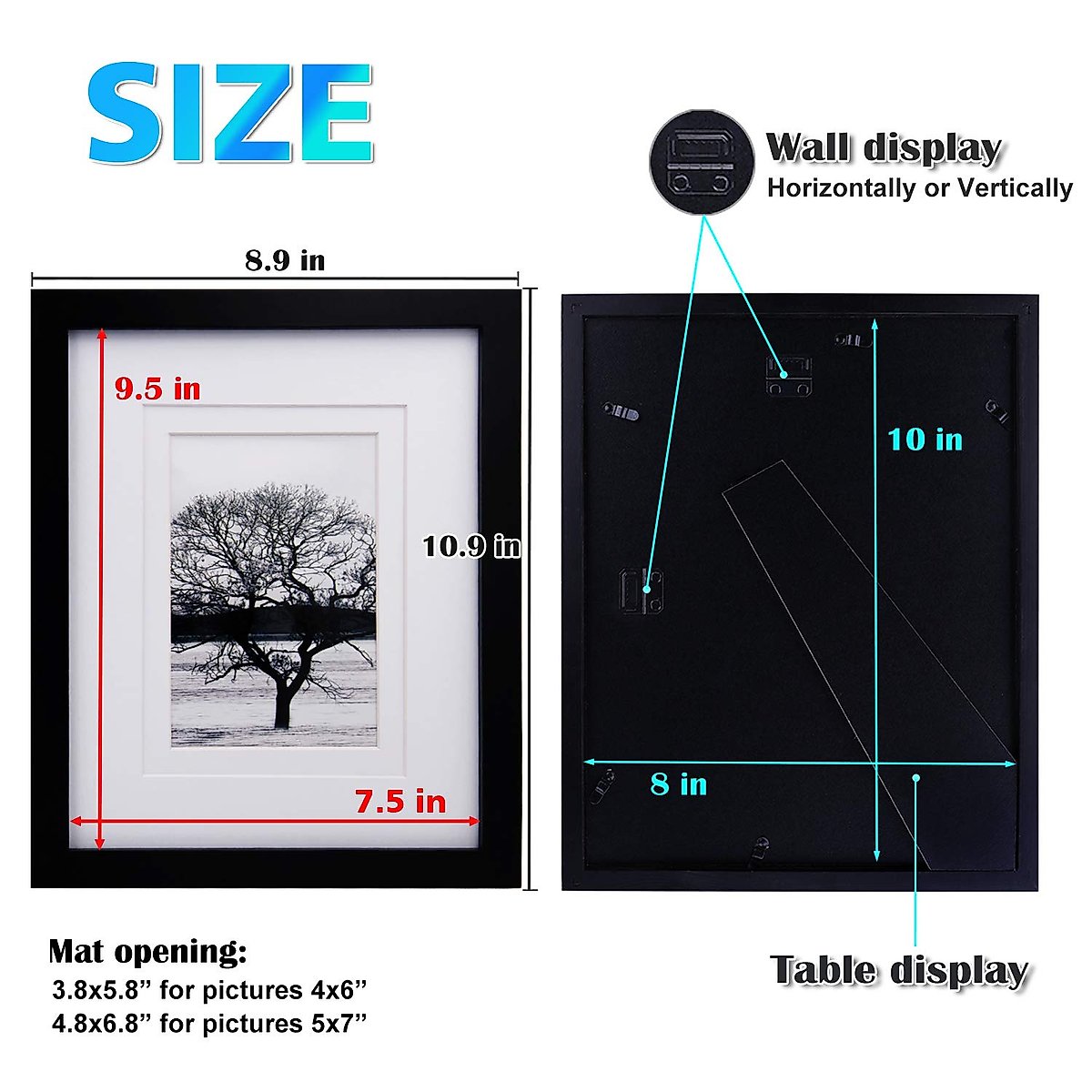 Egofine 8x10 Picture Frames 4 PCS, Made of Solid Wood Display 4x6 and 5x7 with Mat Covered by Plexiglass, for Table Top Display and Wall Mounting, photo frame Black