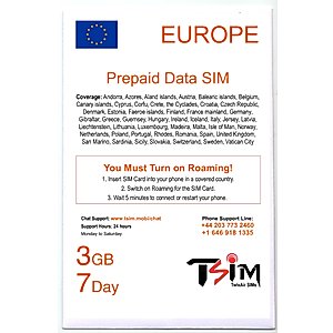 TSIM Europe Data SIM Card | 5G Prepaid | 50+ Destinations | Austria, Belgium, France, Germany, Italy, Spain, Switzerland, Sweden, UK (3GB / 7days)