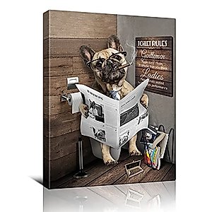 HANKCLES Funny Dog Bathroom Wall Art Vintage Dog Toilet Picture Canvas Bulldog Bathroom Decor Funny Bathroom Painting Home Wall Decor For Bathroom Framed Ready To Hang 12x16 Inch