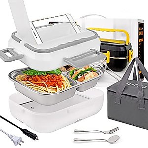 Electric Lunch Box Food Heater, Portable Food Warmer 12V/24V for Car/Truck,110V for Work Home Heated Lunch Box for Adults, Removable 304 Stainless Steel Container, Fork, Spoon, and Carry Bag