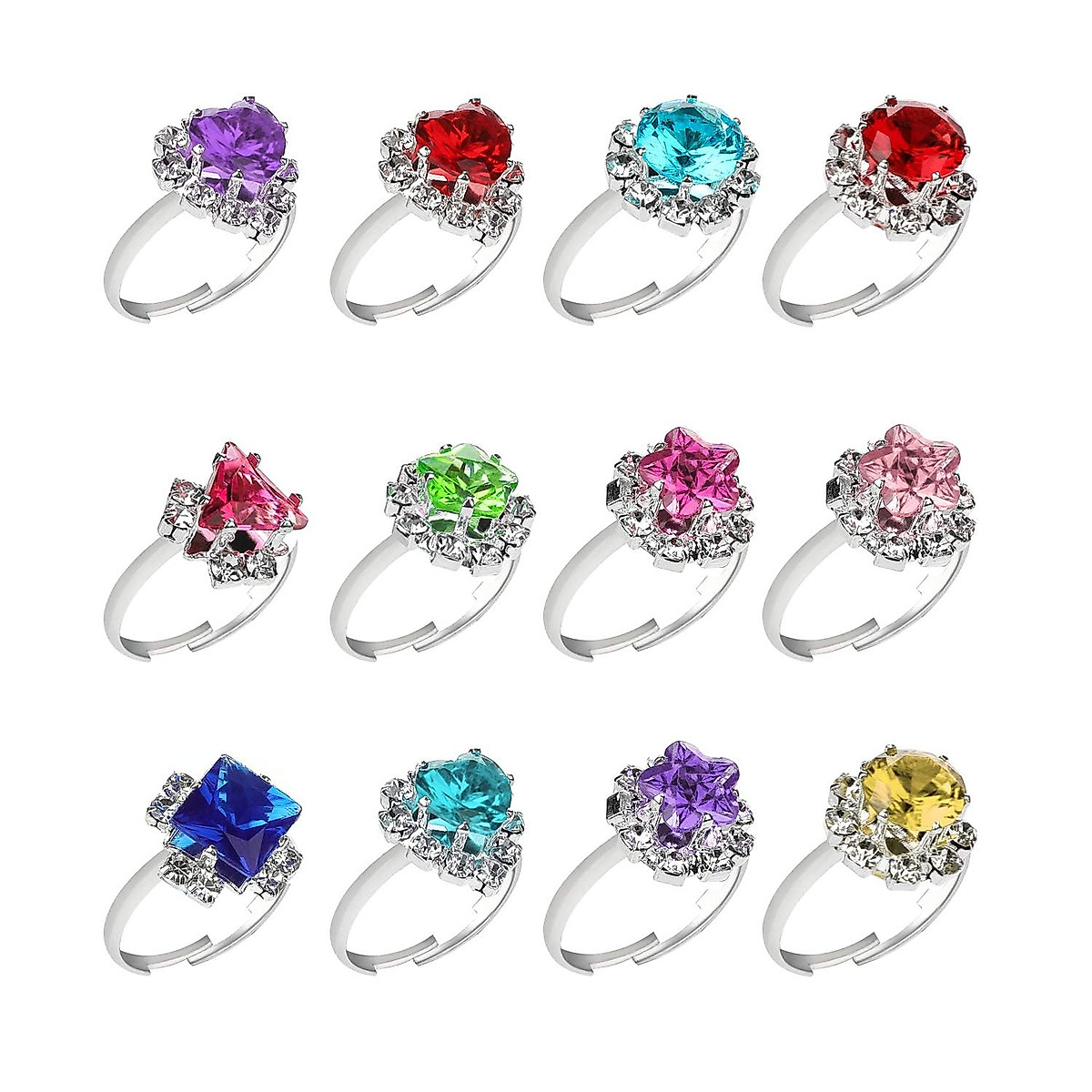 Hifot 12 pcs Girls Crystal Adjustable Rings, Princess Jewelry Finger Rings with Heart Shape Box, Girl Pretend Play and Dress up Rings for Children Kids Little Girls - Random