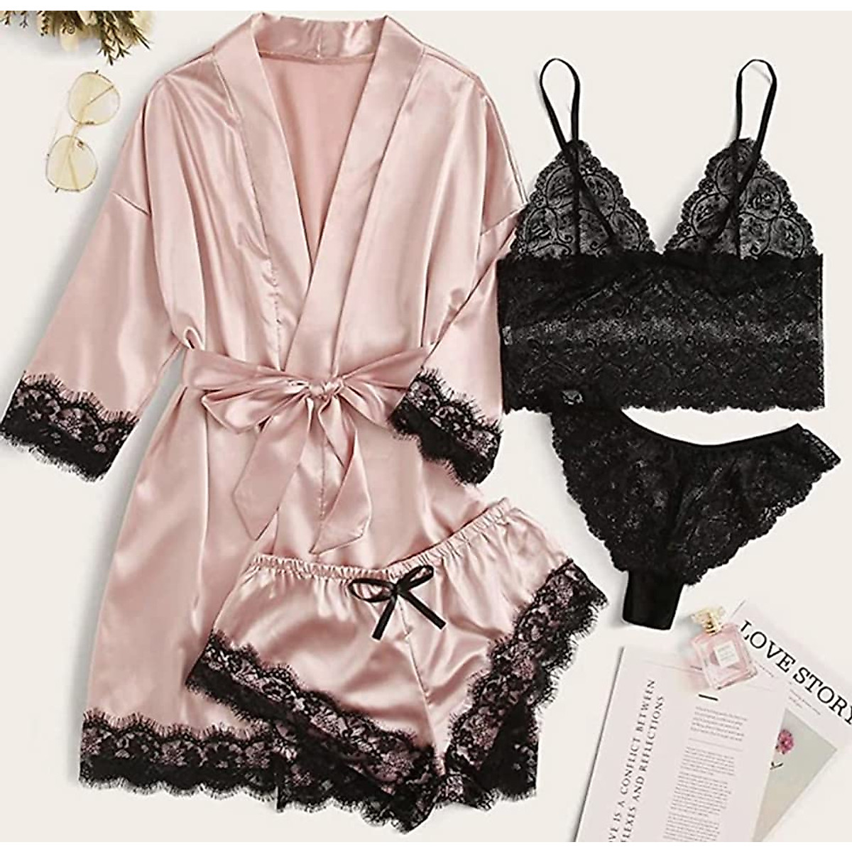 Women's Sleepwear Pajamas 4 Piece Pajama Set Long Sleeve Satin Floral Lace Cami Top Lingerie Pajama Set with Robe (Pink, Medium)