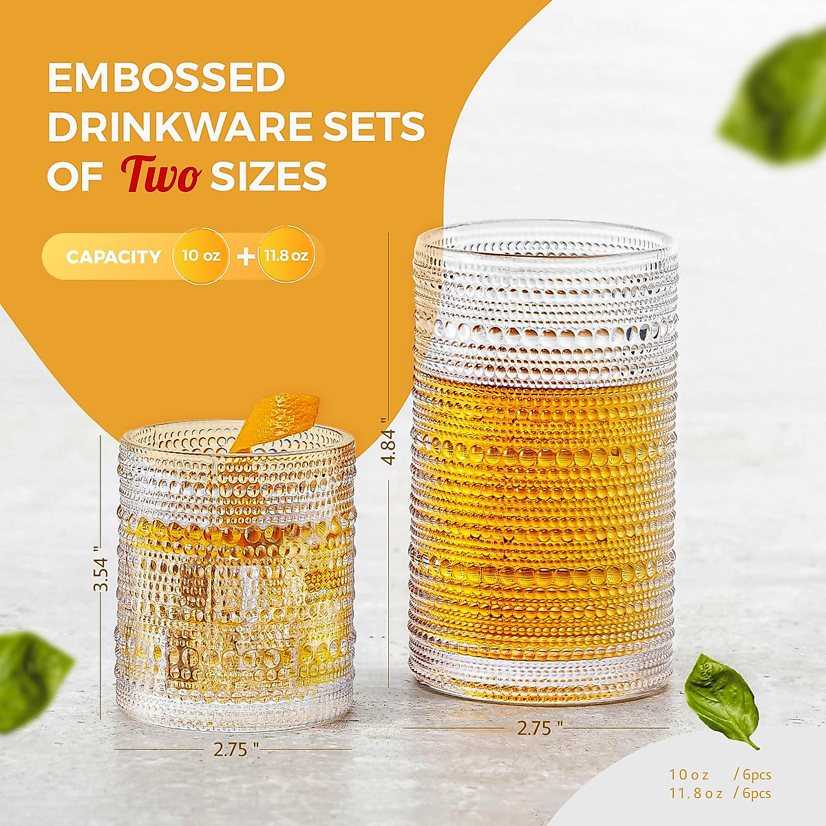 FULGNU Hobnail Drinking Glasses Set of 12, 11.8 oz Vintage Glasses Drinking Set & 10 oz Cocktail Glasses Set, Embossed Glass Cups for Kitchen, Beer, Juice, Cocktail, Whiskey, Milk