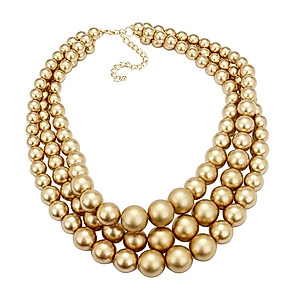 Rosemarie & Jubalee Women's 3 Colorful Multi Strands Simulated Pearl Necklace And Earrings Jewelry Gift Set, 18"+3" Extender (Metallic Matte Gold)