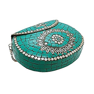 Trend Overseas Ethnic Antique Indian Handmade Mosaic Stone Chip Bag Bridal Clutch, Green, M